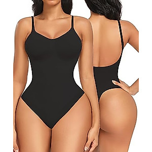 Yefecy Black Shapewear Bodysuit for Women, Low Back Thong Body Suit Seamless Bodysuit Tummy Control
