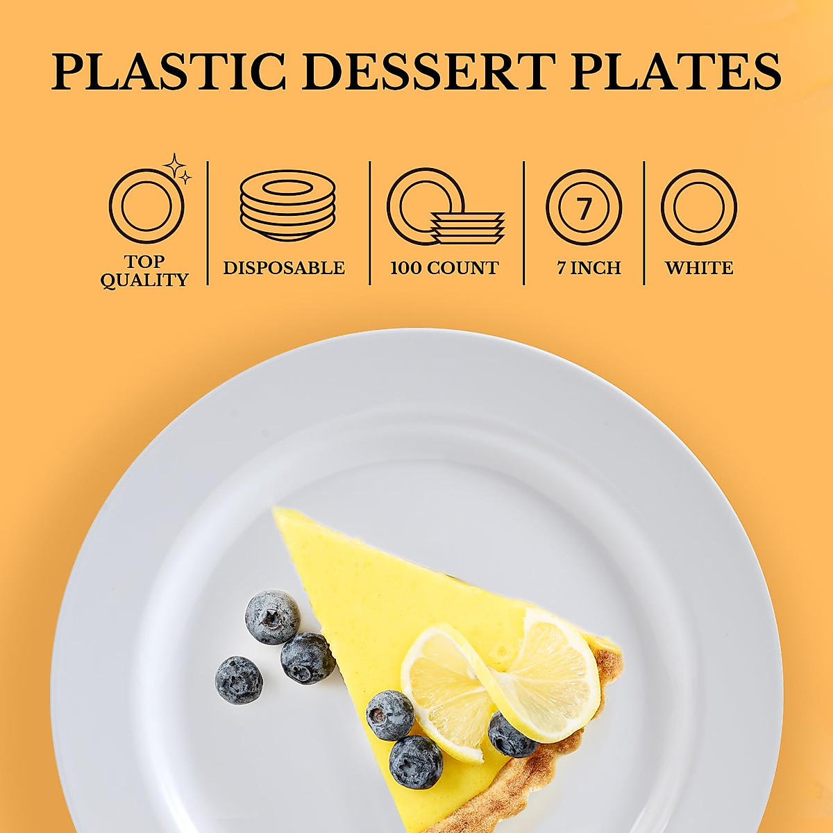 FOCUSLINE 100 Count White Plastic Plates 7 Inch, Disposable Heavy Duty Plastic Dessert Plates- Premium Hard Plastic Plates Fancy Disposable White Plates for Weddings, Parties and Events