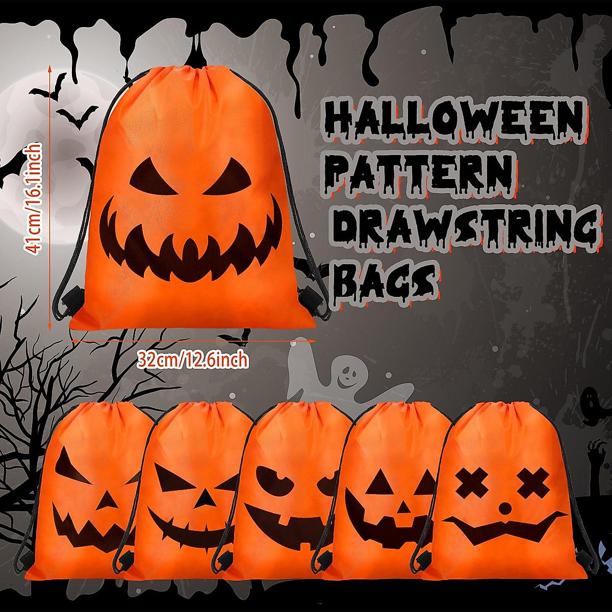 Sweetude 24 Pcs Halloween Drawstring Bags Large Backpack 16.1 x 12.6 Inch Candy Goodie Bags for Party Gift Supplies (Orange)