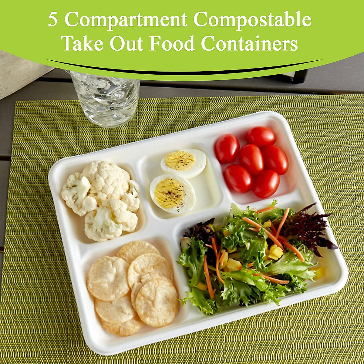 Three Leaf 5 COMPARTMENT BAGASSE (SCHOOL) TRAY 50 Ct. Heavy-Duty- Super Strong- Natural- Eco-Friendly Disposable Bagasse Plates, 100% Biodegradable 5 Compartment meal Plates