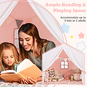 HONEY JOY Kids Play Tent, Toddler Tent Indoor Playhouses with Mat, Windows, Curtain, Solid Wood Frame, 52" x36" x 52", Large Children Princess Castle Play Tent for Boys Girls (Pink)