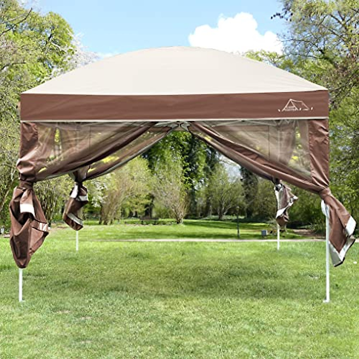Camp Master Canopy Tent with Mosquito Netting, Outdoor 10x10 Pop-up Dome Canopy,Patio Tents for Parties,Quick Easy Setup Canopies with Waterproof Roof, Roller Bag, 4 sandbags (10 FT, Brown)