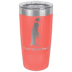 LaserGram 20oz Vacuum Insulated Tumbler Mug, Penguin, Personalized Engraving Included (Coral)