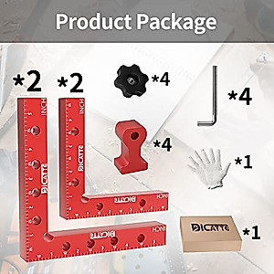 DICATTE 90 Degree Positioning Square Right Angle Clamp(5.5" +4.7") Aluminum Alloy Woodworking Carpenter Tool,4 Pcs Right Angle Clamps With 4 Clamps,For Picture Frame Box Cabinets Drawers (RED)