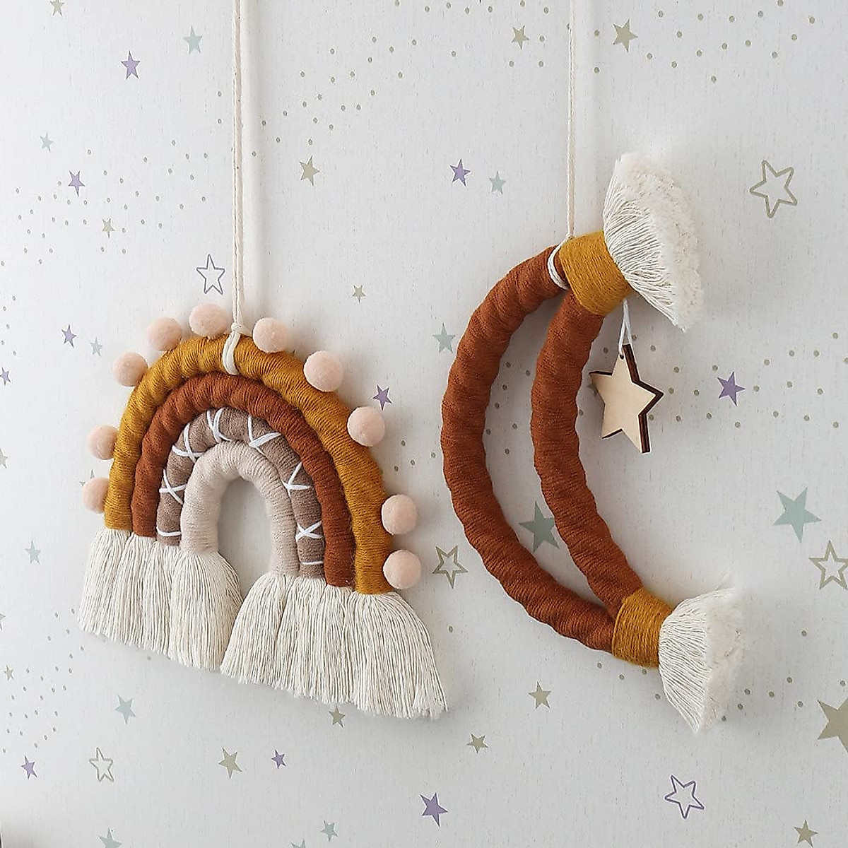 ZWADOU Rainbow Moon Wall Hanging,Rainbow Moon Wall Art,Handmade Macrame Rainbow Wall Decor for Nursery Kids Room Home Decor, Yellow+brown, rainbow:8*7in,luna:9.5*5.5in