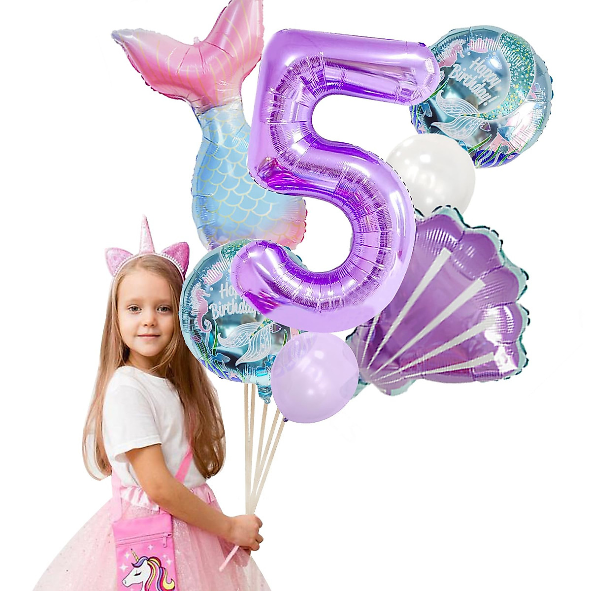 Mermaid Birthday Decorations, 13 Pcs Mermaid Balloons Decorations, Mermaid Foil Balloon Mermaid Tail Balloon Mermaid Decorations for Birthday Party, Baby Shower (Number 5)