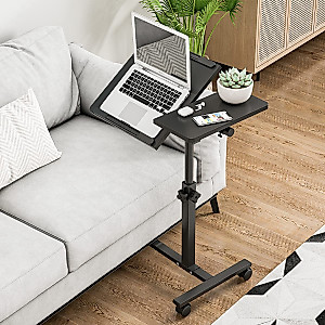 NC Furist Bedside Table Rolling Laptop Tray and Projector Cart, Height Adjustable Presentation Cart with Wheels | Overbed Table with Tilting Tabletop (QQ-15 Black))