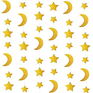 Glitter Gold Twinkle Stars Crescent Paper Garlands Hanging Decorations Honey Moon Wedding Engagement Favors Baby Shower Birthday Christmas Party Table Centerpieces Decorations, 29ft
