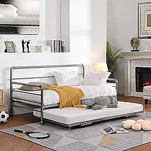 Aoowow Twin Size Metal Daybed with Trundle, Heavy Duty Steel Daybed with Pop Up Trundle Bed,Extendable Daybed Twin to King Size (Silver)