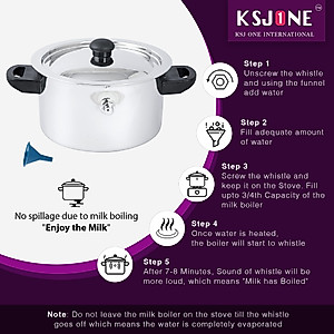 KSJONE Stainless Steel Milk Boiler Pot, Double Wall Milk Cooker with Whistle and Funnel, Silver (1.5 Quart)