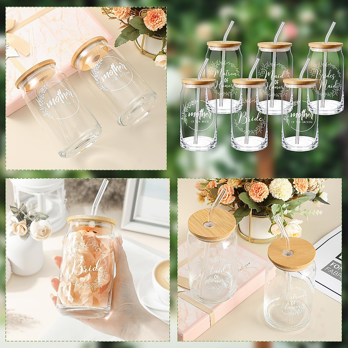 Layhit 10 Pcs Bridesmaid Gifts Bridesmaid Proposal Gifts 16 Oz Cute Can Shaped Drinking Glasses with Bamboo Lids and Glass Straw Iced Coffee Cup Mason Jar Cups for Engagement Wedding Bridal Shower