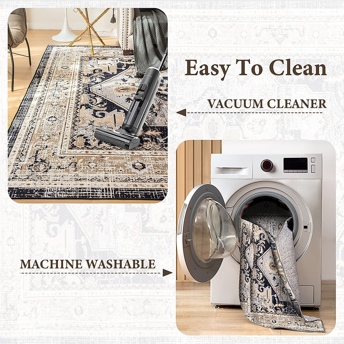 VK VK·LIVING Machine Washable Rug 5'x7' Vintage Design Washable Area Rugs with Non Slip Rugs for Living Room Bedroom Traditional Woven Rug Carprt Stain Resistant, Dining Office Boho Rug, Brown&Black