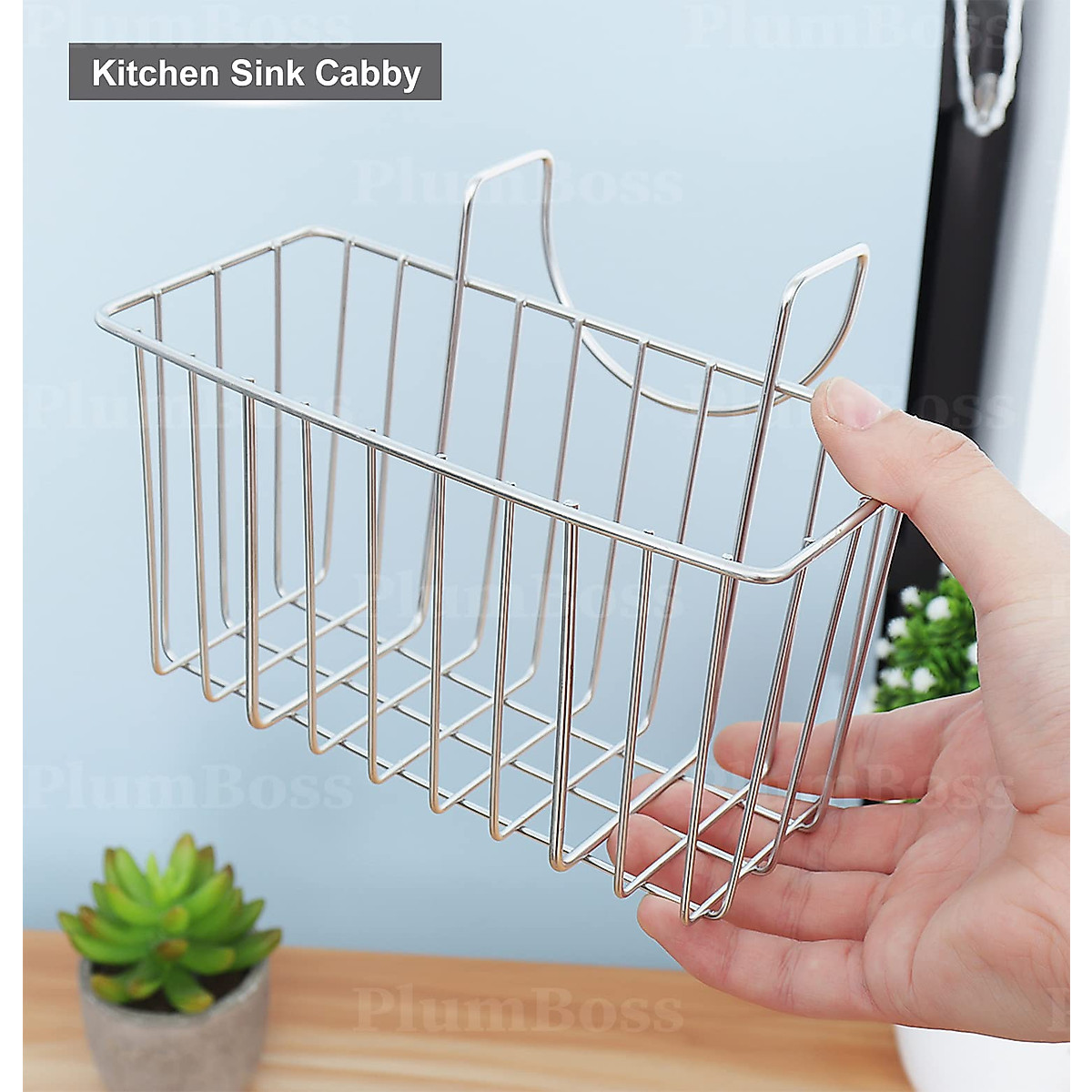 PlumBoss Sponge Holder for Kitchen, Stainless Steel Rust Proof Caddy Dish Draining Sink Basket, LARGE