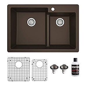 Karran QT-811 33" Top Mount Large/Small Bowl Quartz Kitchen Sink Kit in Brown