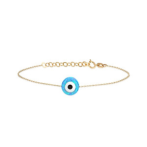 14k Real Gold Opal Evil Eye Bracelet for Women | 14k Gold Round Evil Eye Bracelets | Dainty Gold Opal Bracelets | Women's 14k Gold Protection Jewelry | Gift for Mom, Adjustable 6" to 7"
