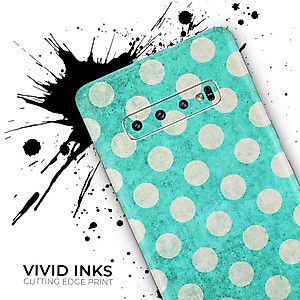 DesignSkinz Grungy Teal and White Polka Dots Protective Vinyl Decal Wrap Skin Cover Compatible with The Samsung Galaxy S20 (Screen Trim & Back Glass Skin)