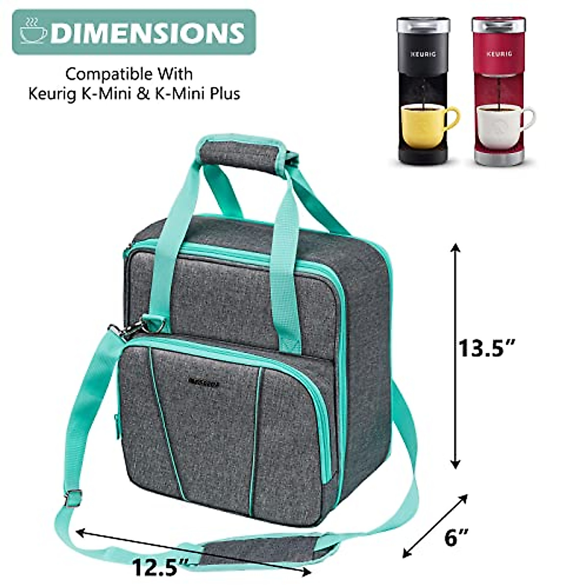 BAGSPRITE Coffee Maker Travel Bag Compatible with Keurig K-Mini or K-Mini Plus, Single Serve Coffee Brewer Carrying Case with Multiple Pockets for K-Cup Pods, Storage Bag With Shoulder Strap