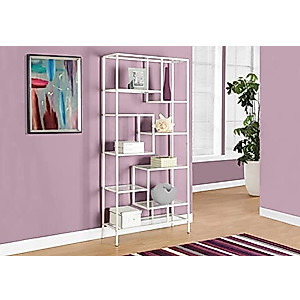Monarch Specialties 7159 Bookshelf, Bookcase, Etagere, Office, Bedroom, Metal, Tempered, Contemporary, Modern Bookcase-72, 32" L x 12" W x 72" H, White/Clear Glass
