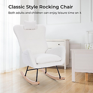 Unovivy Rocking Chair Nursery, Teddy Upholstered Nursing Armchair with Wood Base, Baby Glider Rocker with Headrest & Side Handy Cocket, Small Gliding Seat for Living Room, Bedroom, Office