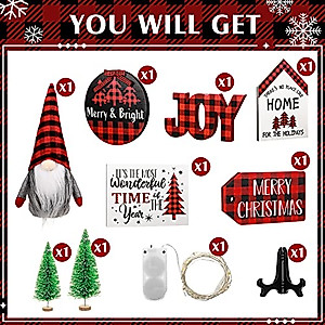 10 Pieces Farmhouse Decor for Tiered Tray, Black White Buffalo Plaid Gnome Wooden Mini Sign Rustic Table Ornaments with String Lights for Kitchen Table Decoration, Housewarming Gift (Plaid Style)