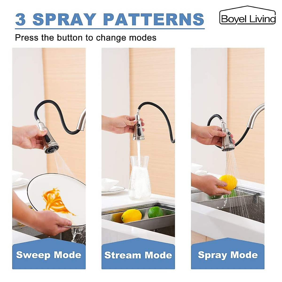 Boyel Living Touchless Kitchen Faucets with Pull Down Sprayer in Brushed Nickel,Stainless Steel，3 Function Water Outlet Sink Faucet with Flexible Hose