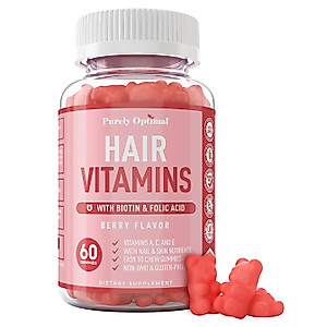 Premium Hair Vitamins Supplement-Gummy Vitamins w/Biotin, Folic Acid, Vitamins A&D-Supports Faster Hair Growth & Promotes Healthy Hair, Skin, & Nails-60 Non-GMO Berry Flavored Gummies