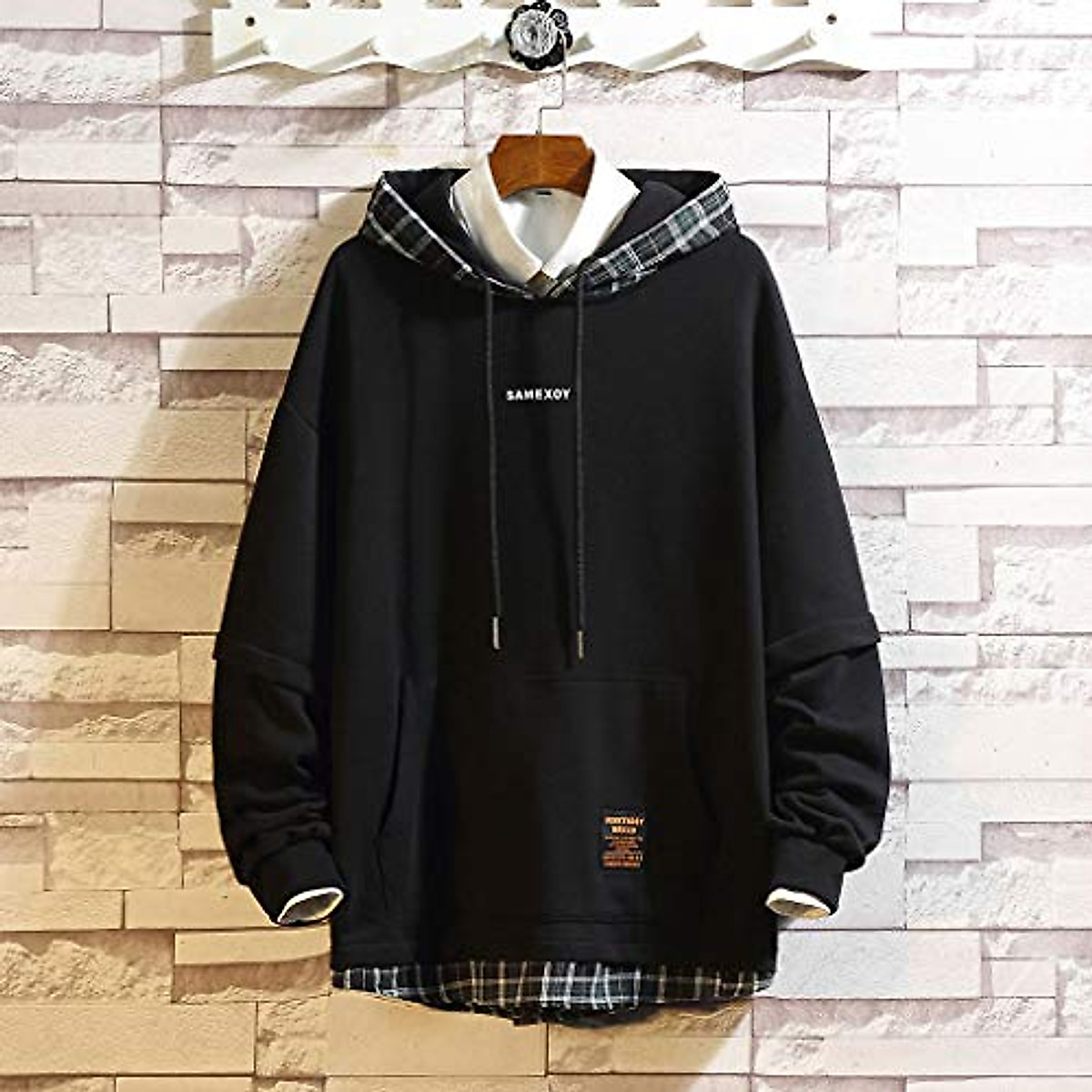 Thenlian Men's Casual Fashion Plaid Patchwork Hoodie Long Sleeves Sweatershirt Tops(XXXXL, Black)