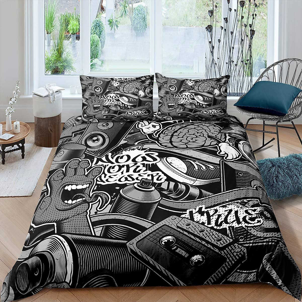 Feelyou Graffiti Bedding Set for Teens Boys Twin Rock Music Theme Duvet Cover Set Hip Hop Comforter Cover Set Kids Teenage Street Art Quilt Cover Hippie Room Decor Bedding with 1 Pillow Sham (2Pcs)