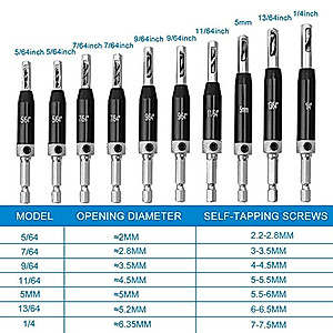 22Pcs Center Drill Bit Set,Self Centering Hinge Tapper Core Hole Puncher 5/64'' 7/64'' 9/64'' 11/64'' 13/64'' 5mm 1/4'' & 1 Pcs Hex Key & 10 Pcs Replacement Drill Bits +1 Center Punch