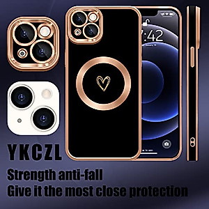 YKCZL Compatible with iPhone 13 Case MagSafe, Luxury Plating Cute Heart Full Camera Lens Protection Magnetic Case for iPhone 13 for Women Girls-Black