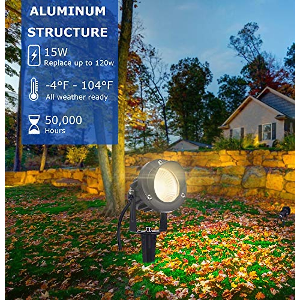 SUNVIE 15W Landscape Lighting LED Spotlight Outdoor 120V AC Waterproof Landscape Lights Spot Lights for Yard with Spiked Stake Warm White Flag Lights Garden Decorative Lamp with US 3-Plug in (2 Pack)