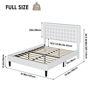 HIFIT Full Size Bed Frame, Full Modern PU Leather Upholstered Platform Bed with Button Tufted Adjustable Headboard and Solid Wood Slats Foundation, No Box Spring Needed, No Noise, Easy Assembly, White