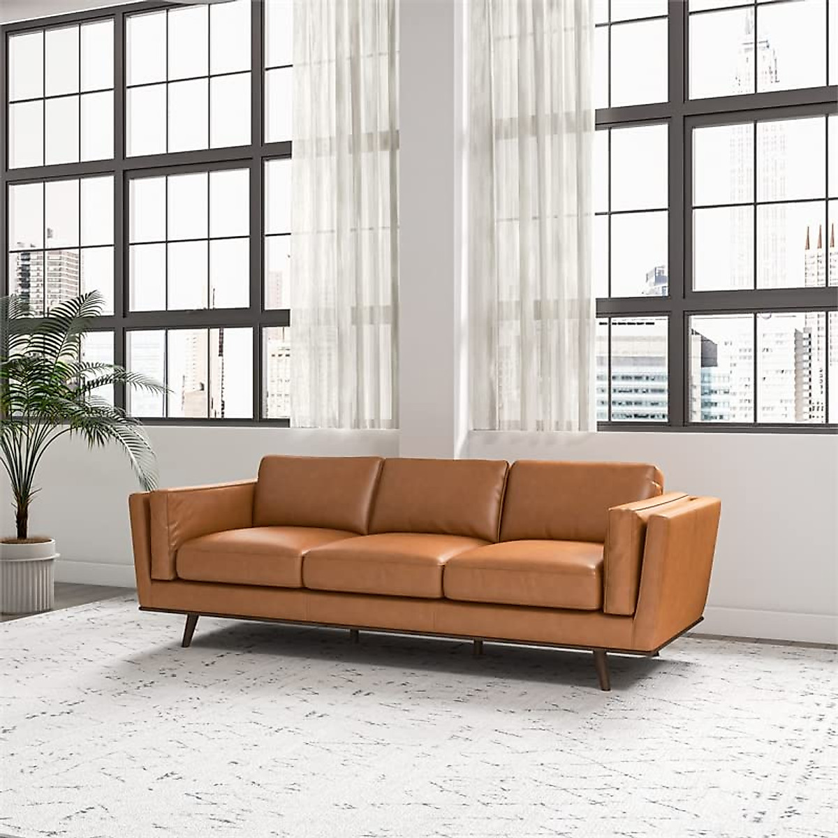 Pemberly Row Mid Century Modern 89" Genuine Cognac Tan Pure Italian Leather Sofa Couches for Living Room