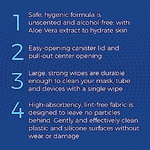 CPAP Mask Wipes by Snugell | 70 Count | Unscented | 100% Soft Cotton | Lint & Alcohol Free | Skin Safe with Aloe Vera | Easy Opening Canister | Clean CPAP Mask, Tube & Devices (2)