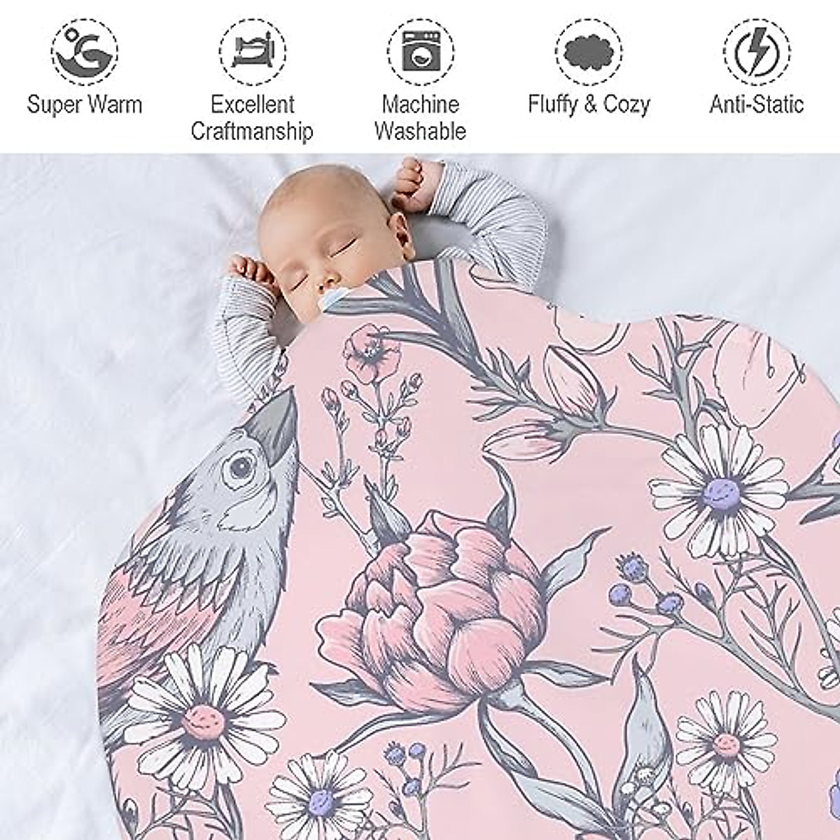 LAKIMCT Hand Drawn Flowers Birds Round Soft Baby Blankets for Boys Girls, Newborn Blanket for Suitable for Swaddling Sleep Stroller Cover Nursery Blanket, 35 Inch