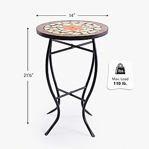 VONLUCE Mosaic Side Table and Plant Stand, 21" Round End Table with 14" Ceramic Tile Top, Indoor & Outdoor Accent Table, Porch Patio Furniture, Entryway & Coffee Table for Home & Garden, Maple