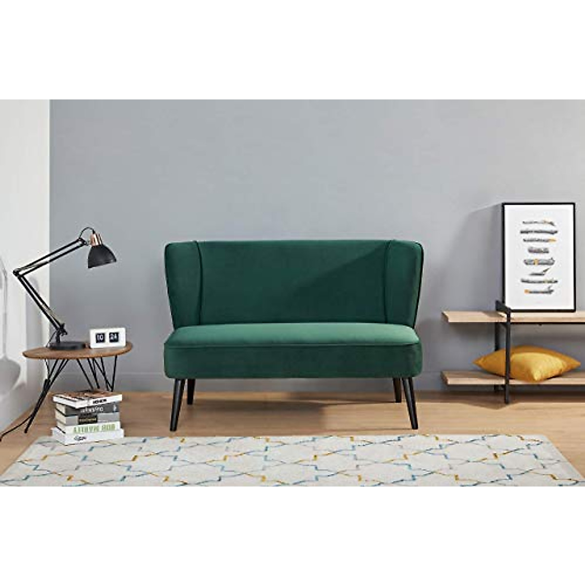 A&D Home 52.3” Manhattan Mid-Century Modern Velvet Armless Loveseat Sofa Chair with Wood Legs, Green
