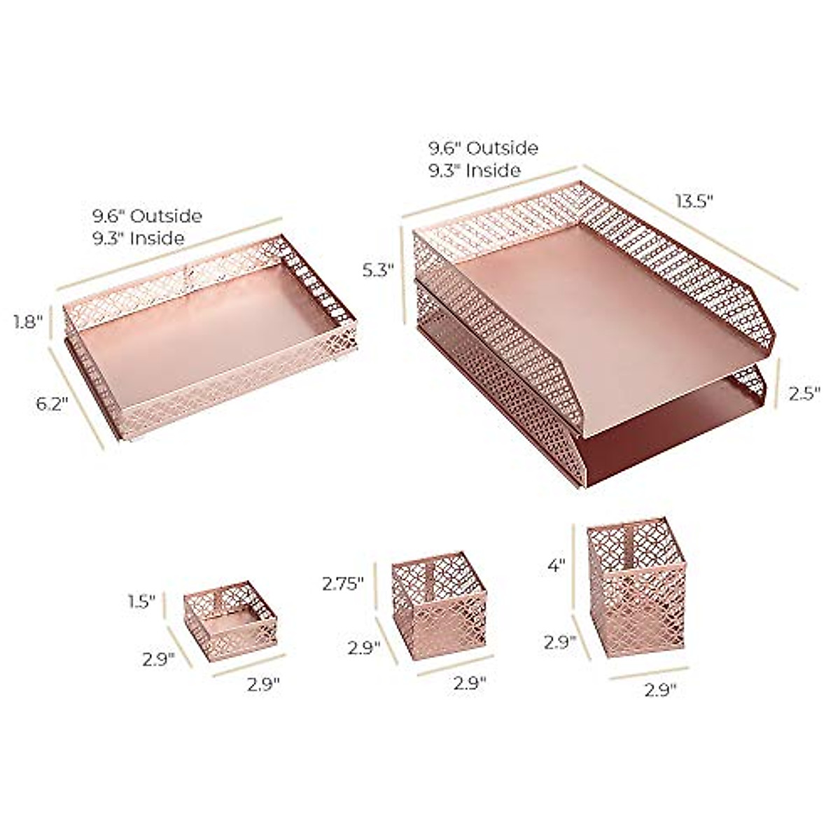 Blu Monaco Office Supplies Rose Gold Desk Accessories for Women-6 Piece Interlocking Stylish Desk Organizer Set- Pen Cup, 3 Accessory Trays, 2 Letter Trays-Rose Gold Paper Tray Holder