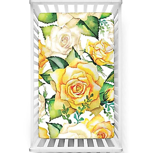 Rose Themed Fitted Mini Crib Sheets,Portable Mini Crib Sheets Soft and Breathable Bed Sheets-Crib Mattress Sheet or Toddler Bed Sheet,24“ x38“,Yellow Beige Green