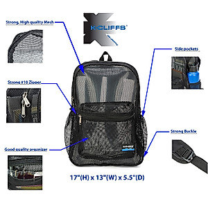 K-Cliffs Heavy Duty Classic Gym Student Mesh See Through Netting Backpack | Padded Straps | Black