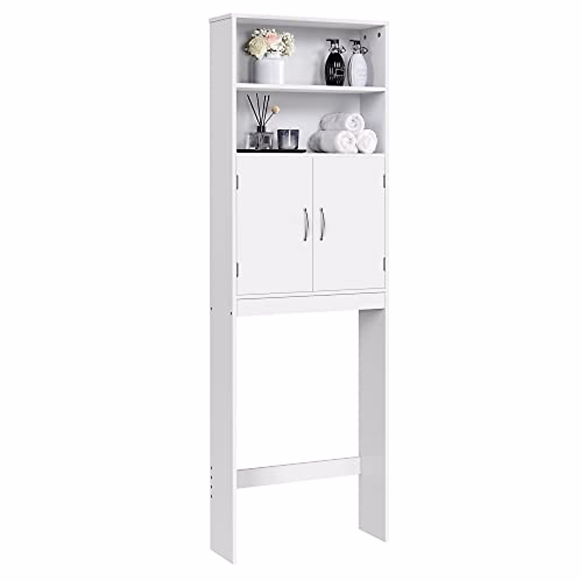Topeakmart Over The Toilet Storage with 2 Doors & Adjustable Shelf, Free Standing Toilet Rack, Home Space-Saving Furniture with 2 Upper Open Compartments, L25xW8xH77 Inches, White