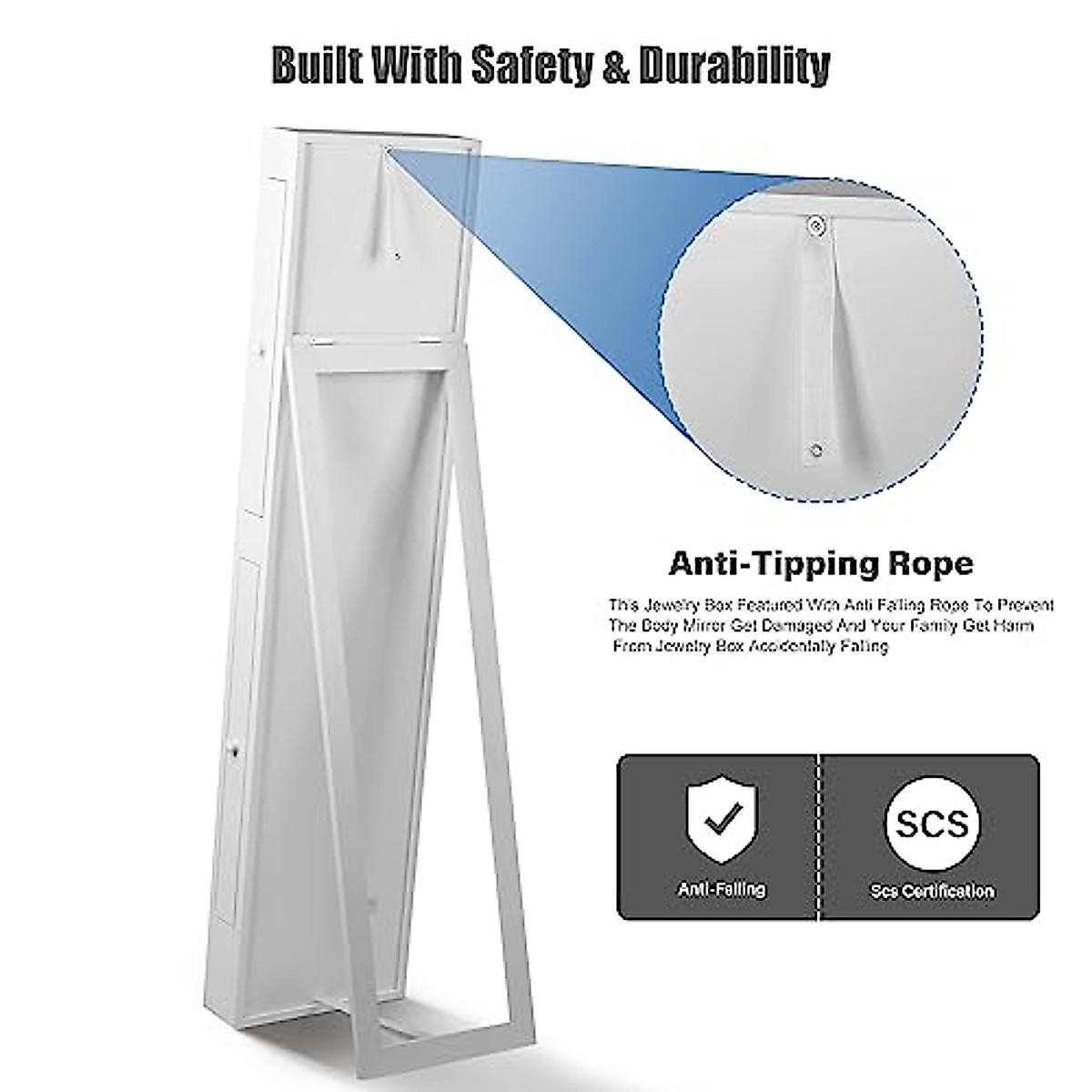 BOSTANA Standing Jewelry Organizer Armoire With 2 Push-Pull Jewelry Cabinet,Anti-trpinig Leaning Full Length Mirror,Body Mirror with 2 Jewelry Drawer For Girls,Women, Bedroom Decoration,Gift