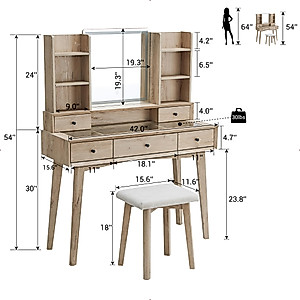 T4TREAM Modern Makeup Vanity Desk with Mirror and Lights，42'' Make up Vanity Table with Glass Tabletop & 5 Drawers, Big Vanity Set with Cushioned Stool & 3 Light Modes for Bedroom, Natural Oak