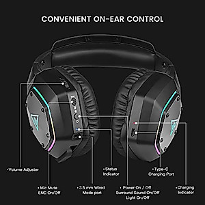 EKSA Wireless Headset for PC PS4 PS5 Computer - 7.1 Surround Sound, AI Intelligent Noise Cancelling Microphone(ENC), Low Latency 2.4G USB Dongle, 36 Hour Battery, Game/Music Mode, RGB Light