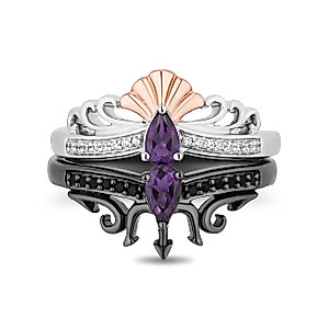 Jewelili Enchanted Disney Fine Jewelry Black Rhodium &14K Rose Gold Over Sterling Silver 5x3 MM Pear Amethyst with 1/5 Cttw Treated Black & Natural White Round Diamond Ariel Villains Duo Ring, Size 8