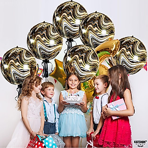 KatchOn, Black and Gold Marble Balloons - 22 Inch, Pack of 6 | Round 4D Marble Black and Gold Balloons, Gold and Black Balloons | Black Agate Balloons | Halloween Balloons for Halloween Decorations