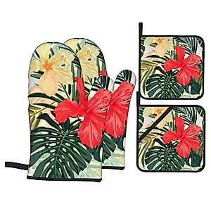 Summer Hawaiian Oven Mitts and Pot Holders Sets Kitchen Hot Pad Non-Slip Heat Resistant Waterproof Baking BBQ Cooking Gloves(4 Piece)