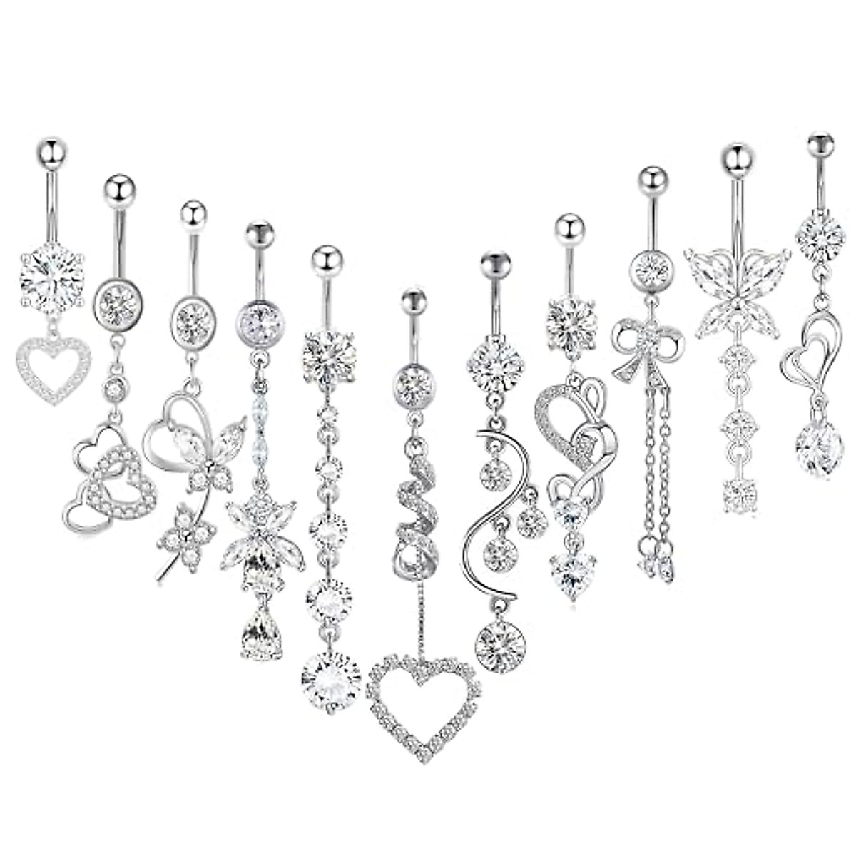 TIANCI FBYJS 14G Women Belly Button Rings Surgical Stainless Steel Dangle Belly Rings 10mm Heart Belly Piercings Flower Butterfly Navel Jewelry 11pcs (silver)