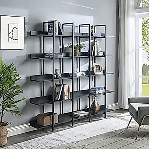 AWQM Triple Wide 5-Tier Bookshelf, Vintage Bookcases and Bookshelves with Metal Frame & Back Fence,Wall Mounted Wood Shelves Open Display Shelves for Living Room Bedroom Home Office,Black