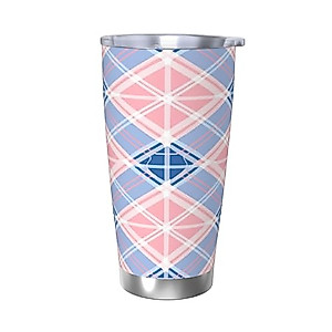 AYCZN Blue Pink Plaid 20 OZ Tumbler Stainless Steel Travel Coffee Mug, Vintage Check Insulated Water Bottle with Lid and 2 StrawsLeakproof Thermal Cup